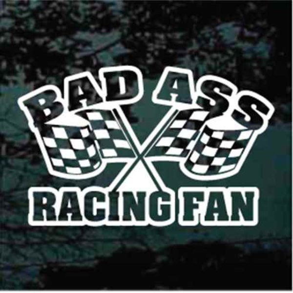 Bad Ass Racing Fan Crossed Flags Window Decal Sticker For Cars And